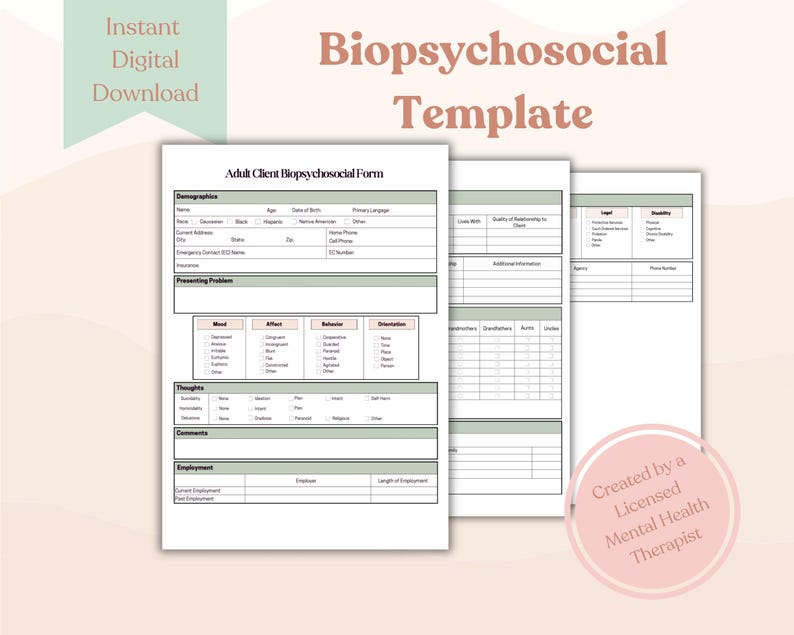 Biopsychosocial Assessment Form | Therapy Assessment Forms | Social ...