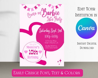 Barbie Birthday Invitation Template Pink Flowers - Etsy