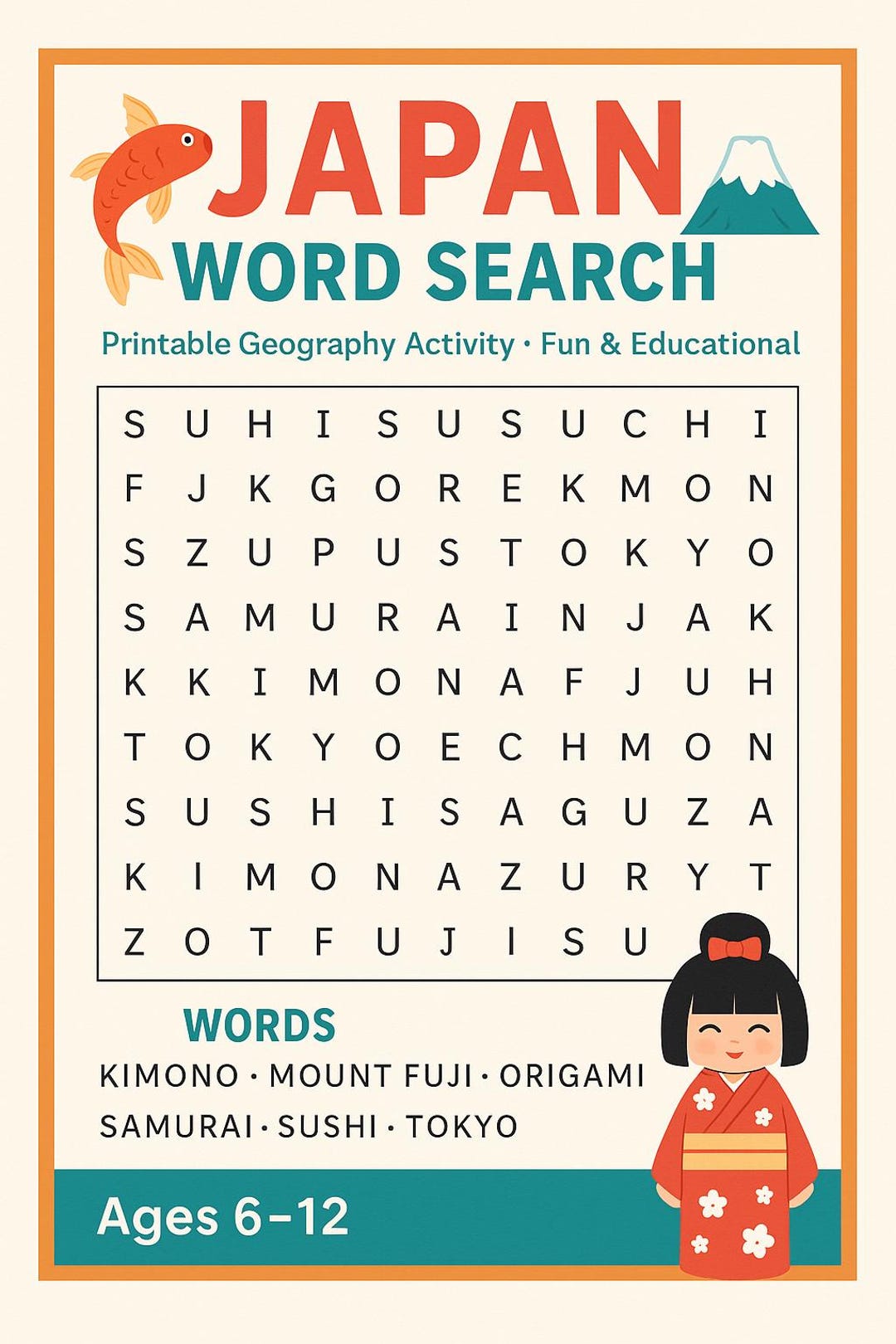 Japan Word Search Puzzle for Kids | Printable Educational Geography ...