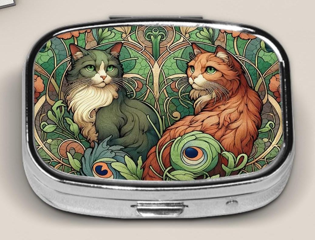 Cat Pill Box Art Nouveau Cat, Floral Vintage, Jewelry Trinket, Medicine Container, Cat Pill Case ...
