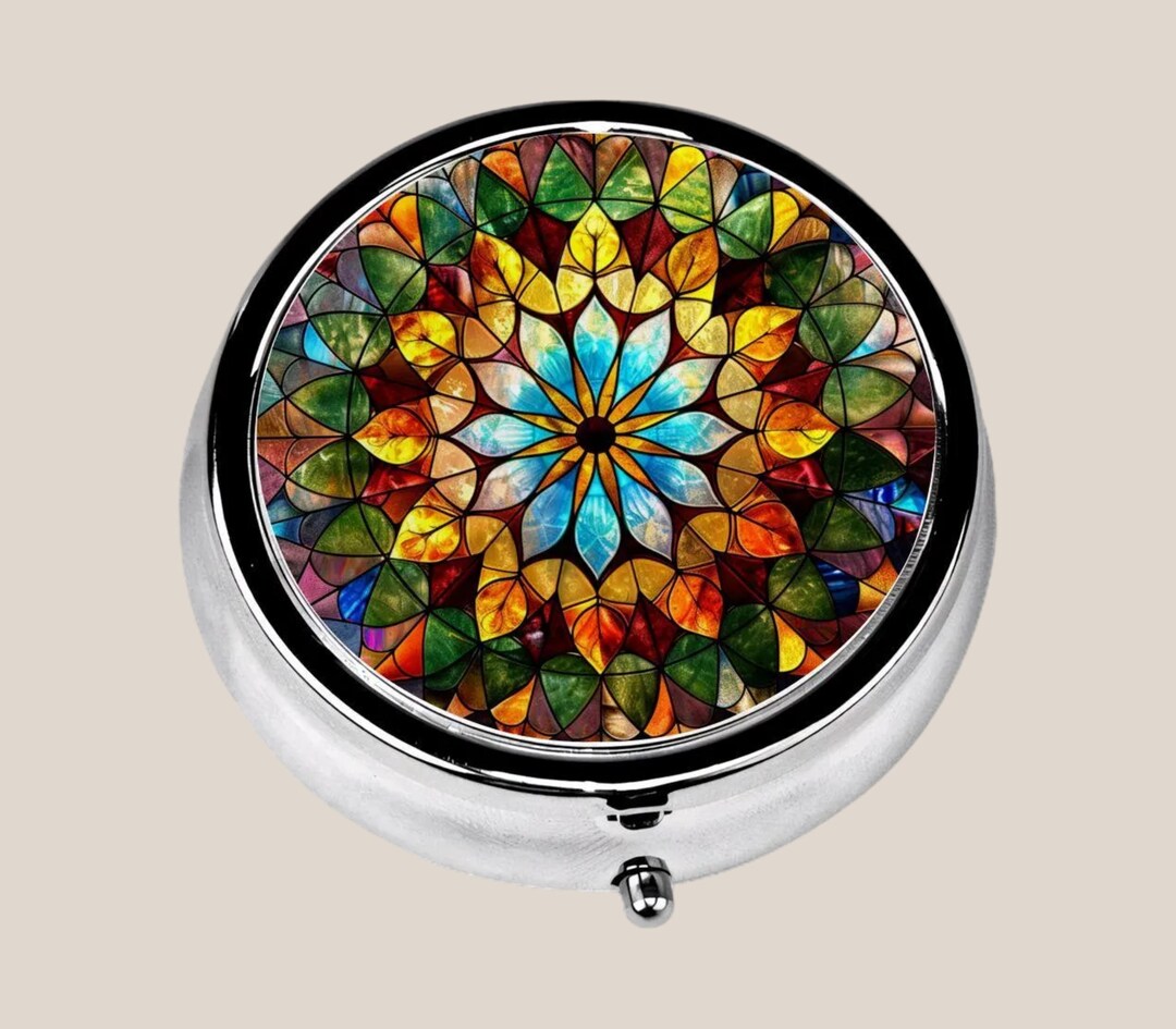 Mandala Pill Box, Stained Glass Effect Pill Case for Travel Pocket and ...