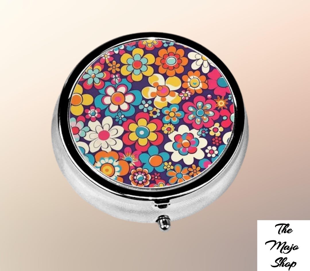 Retro Pill Box for Purse, Pocket and Travel, Flower Pill Case for ...