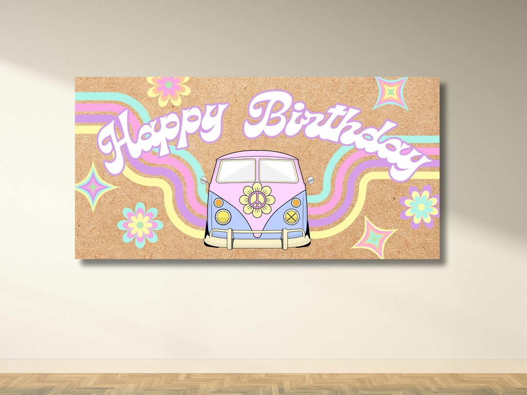 Groovy Happy Birthday Banner: Retro Van, Pastel Decor - Etsy