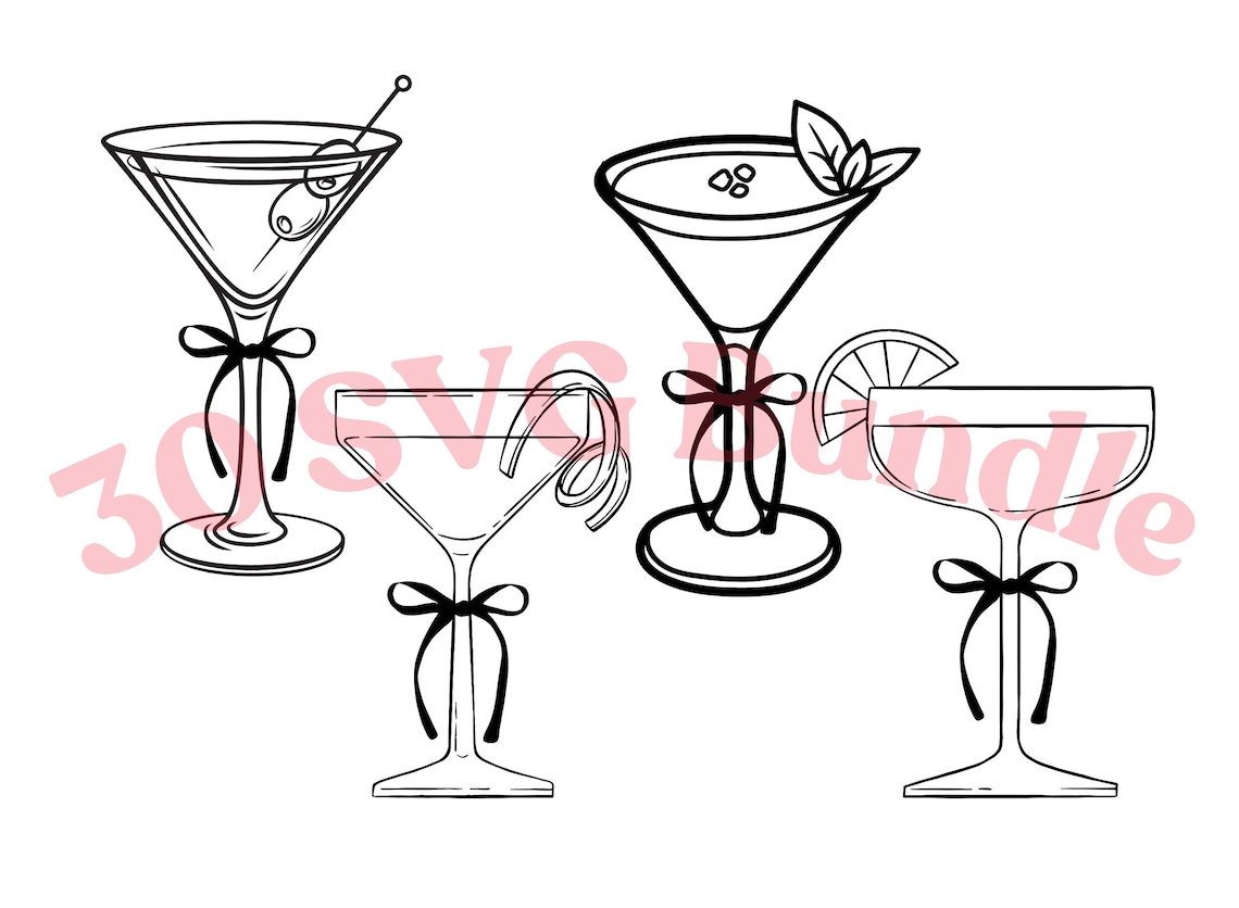 Martinis With Bows SVG Bundle: 26 Black and White Martini Clipart ...