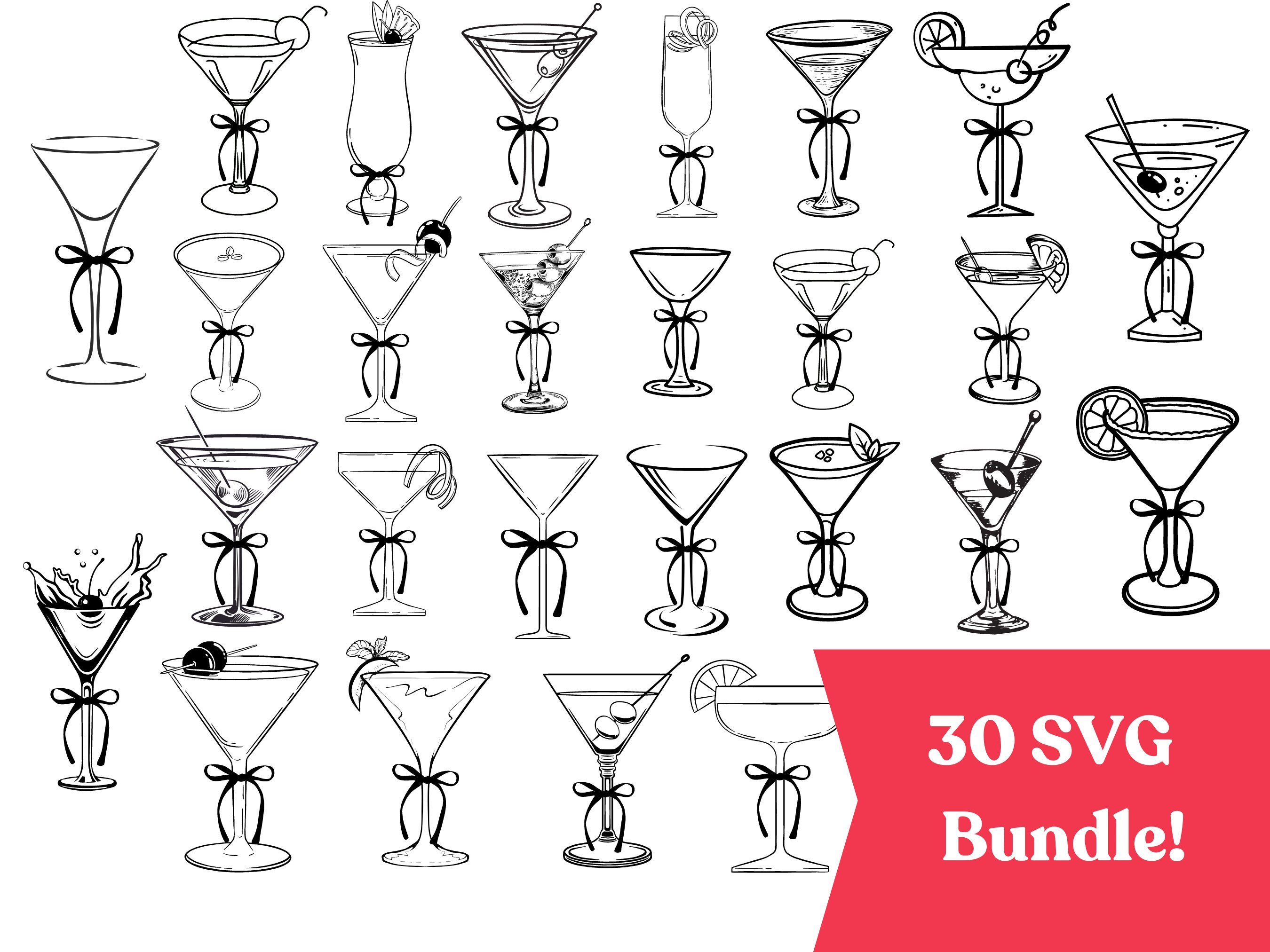 Martinis With Bows SVG Bundle: 26 Black and White Martini Clipart ...