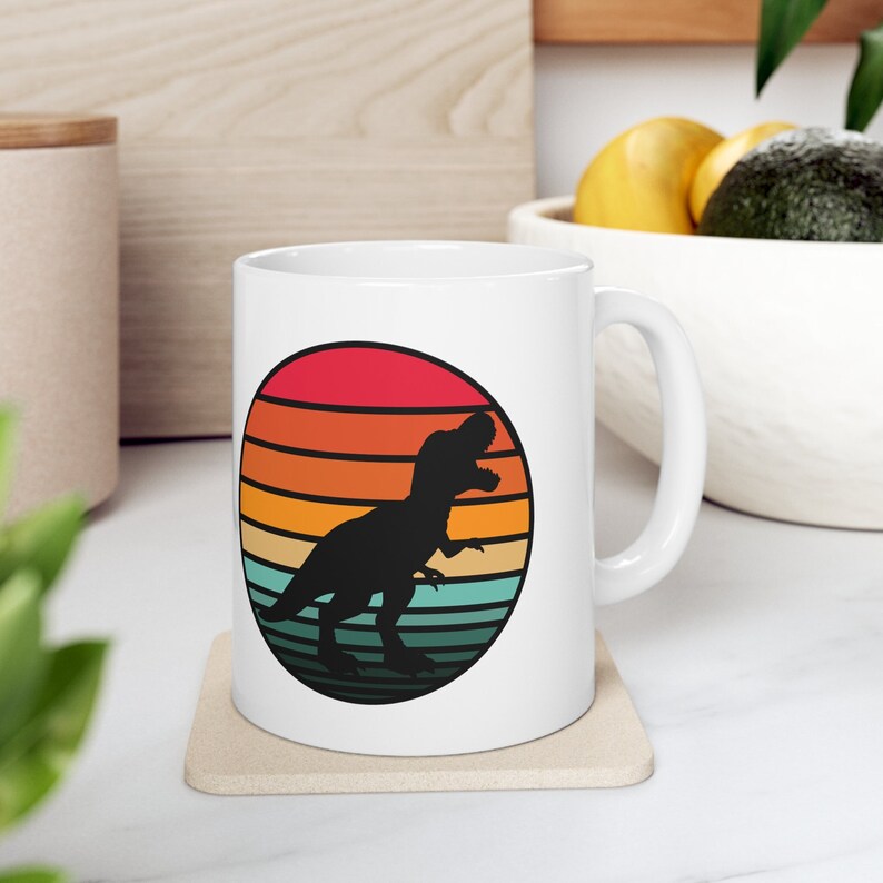T-rex Mug, Dinosaur Gift, Trippy Mug, Retro Style Mug, Vintage 70's, Sunset Circle, Jurassic Mug ...