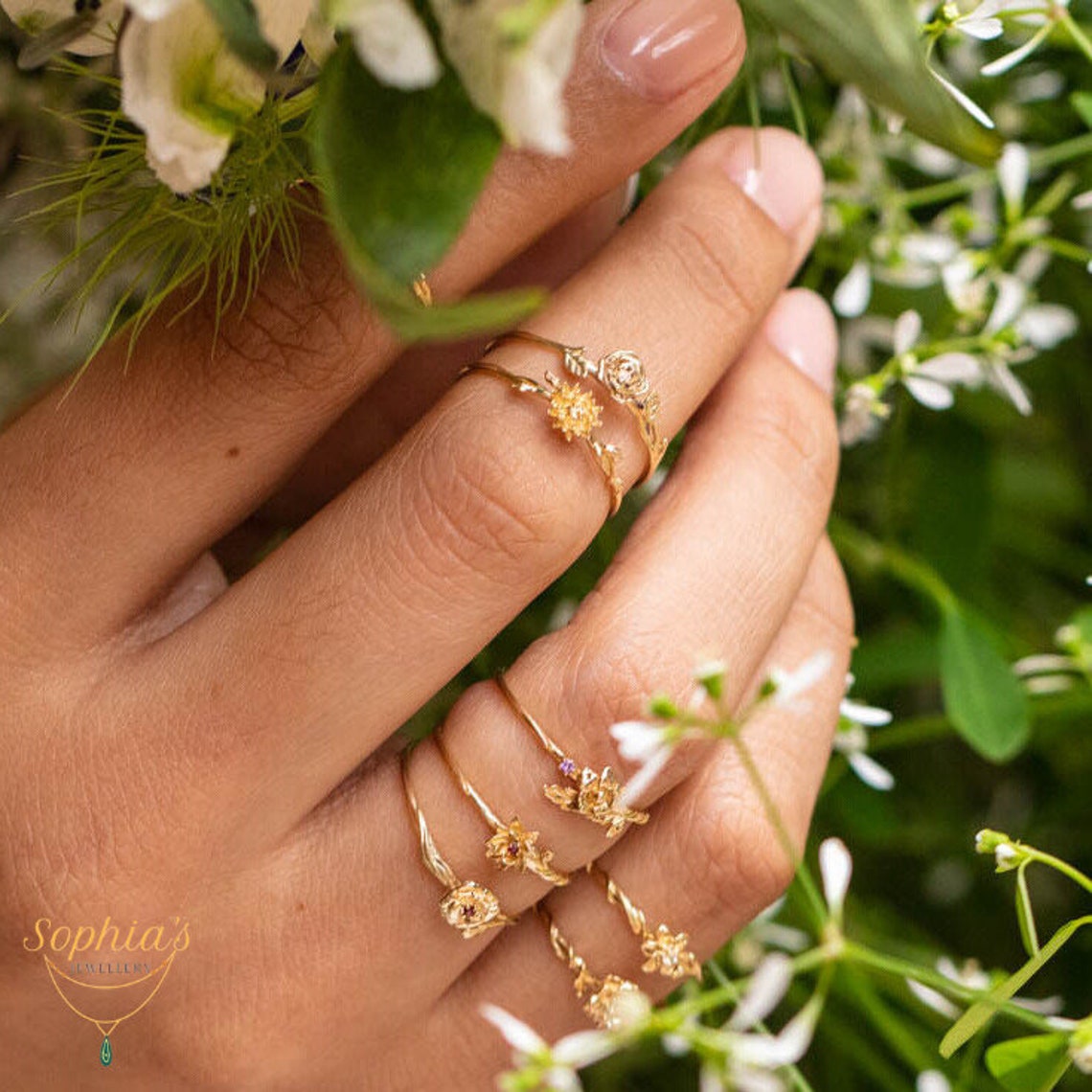 Birth Flower Gold Ring,statement Flower Rings,dainty Birth Flower Ring ...