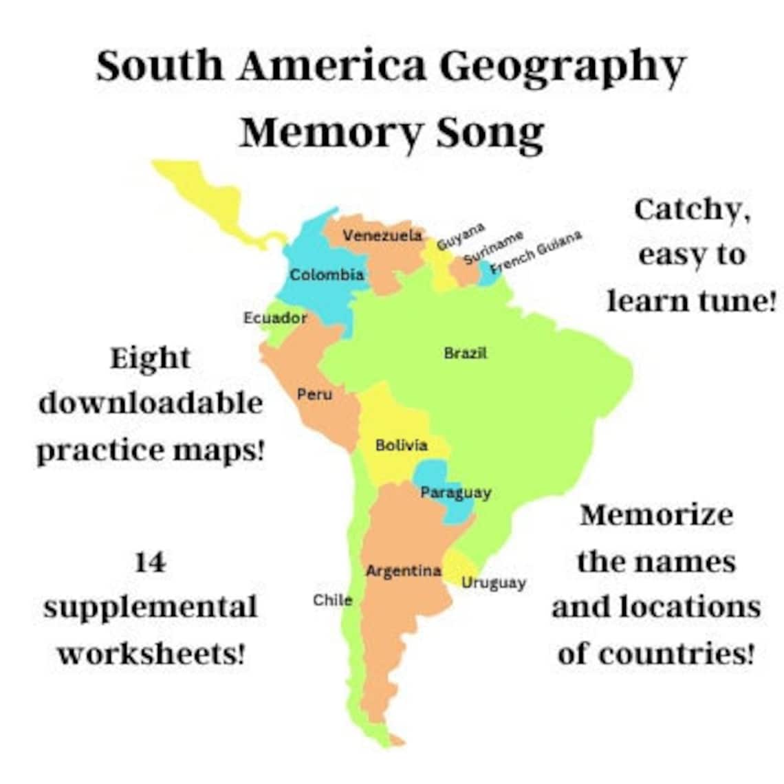 South America Geography Memory SONG, Maps & Worksheets - Etsy