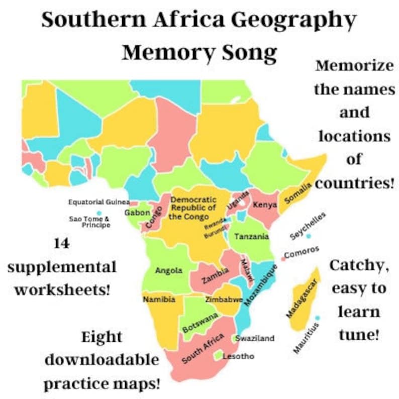 Southern Africa Geography Memory SONG, Maps & Worksheets - Etsy
