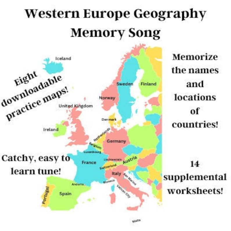 Western Europe Geography Memory SONG, Maps & Worksheets - Etsy