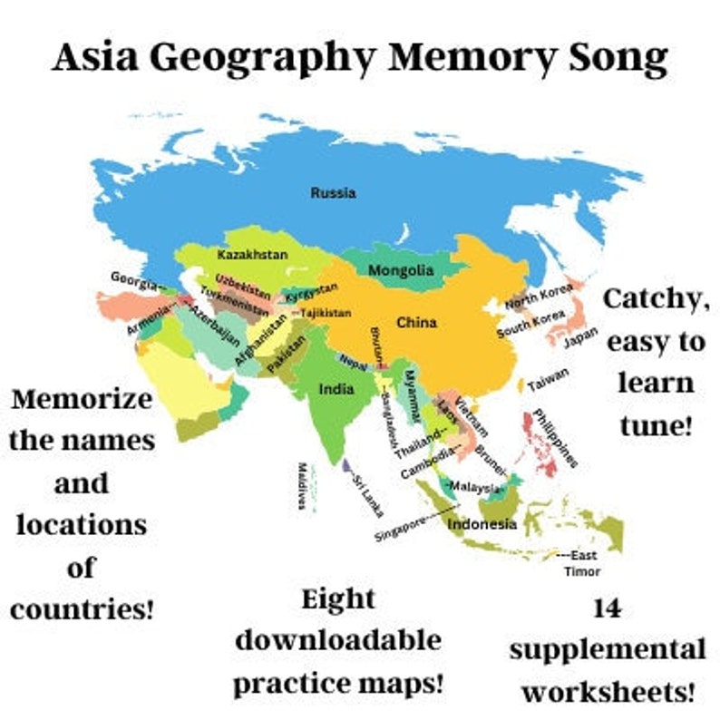 Asia Geography Memory SONG, Maps & Worksheets - Etsy