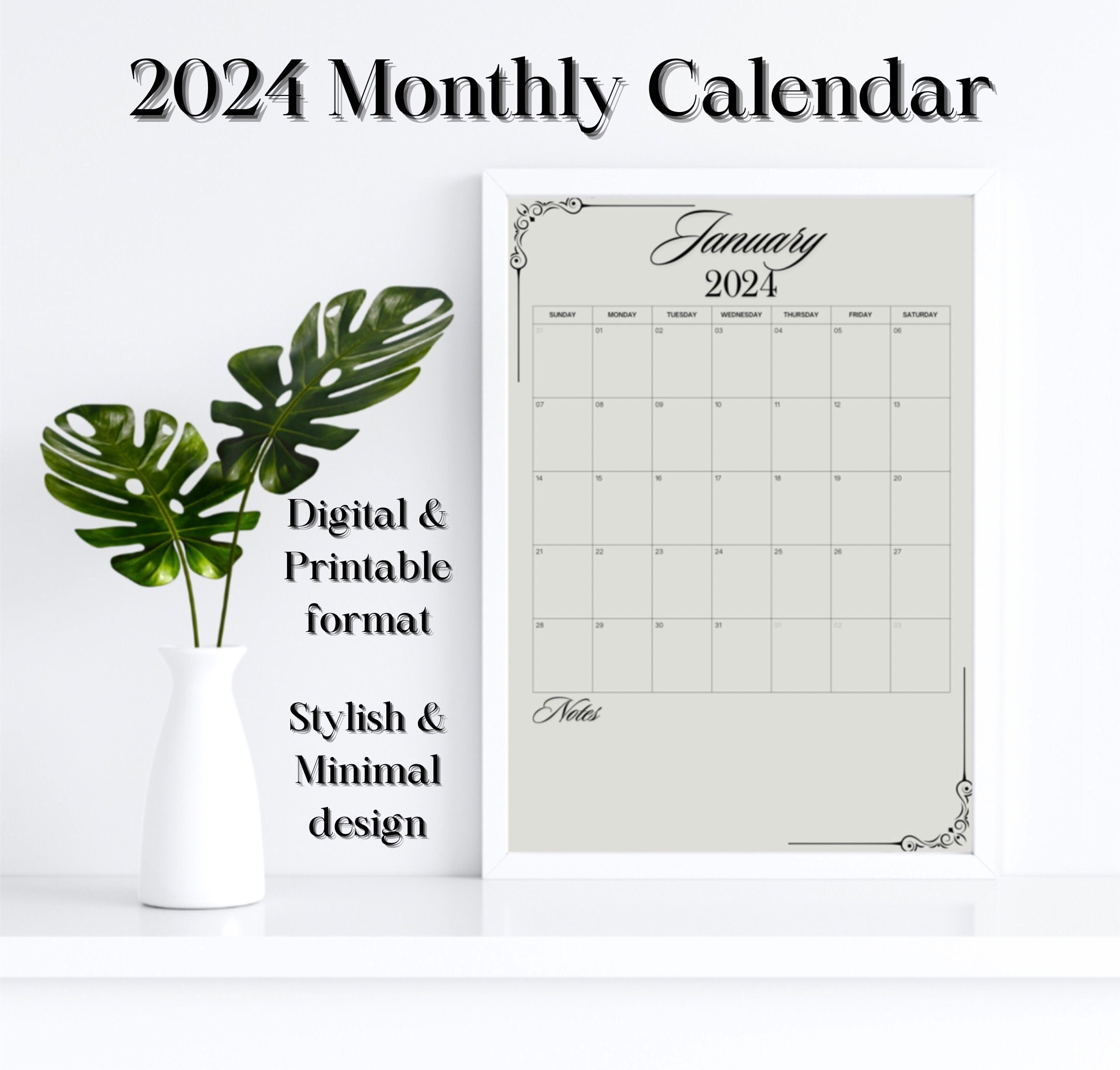 2024 Minimalist Printable Calendar Digital PDF- Cute, Stylish, Elegant ...