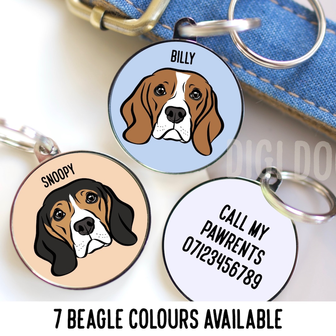Beagle Dog ID Tag/ Personalised Beagle Face Portrait Tag/ Custom Beagle ...