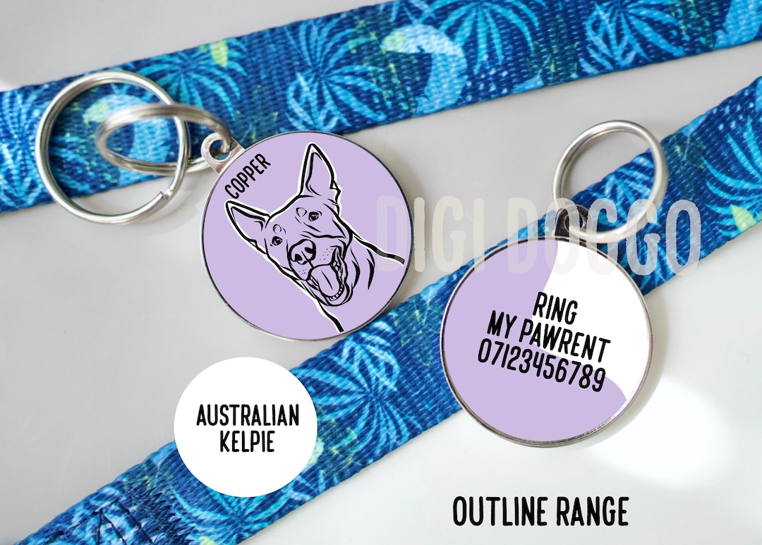 Australian Kelpie Outline ID Tag/ Personalised Dog Breed Face Metal Tag ...