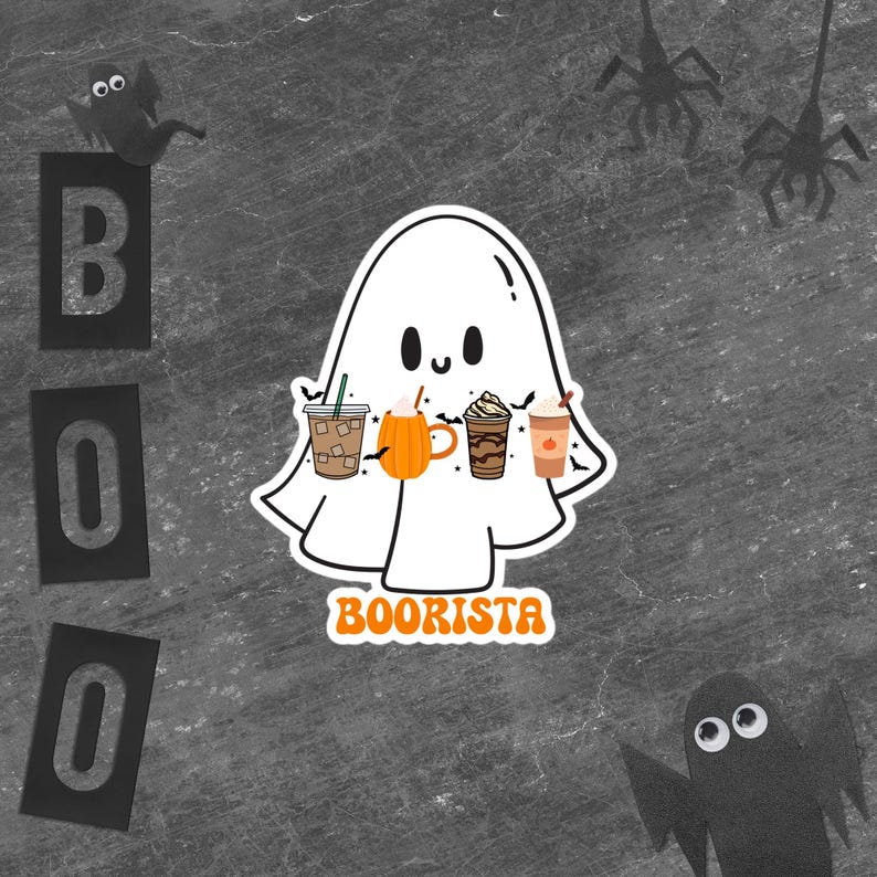 Boorista Halloween Ghost Sticker Cute Halloween Ghost Carrying Coffee ...