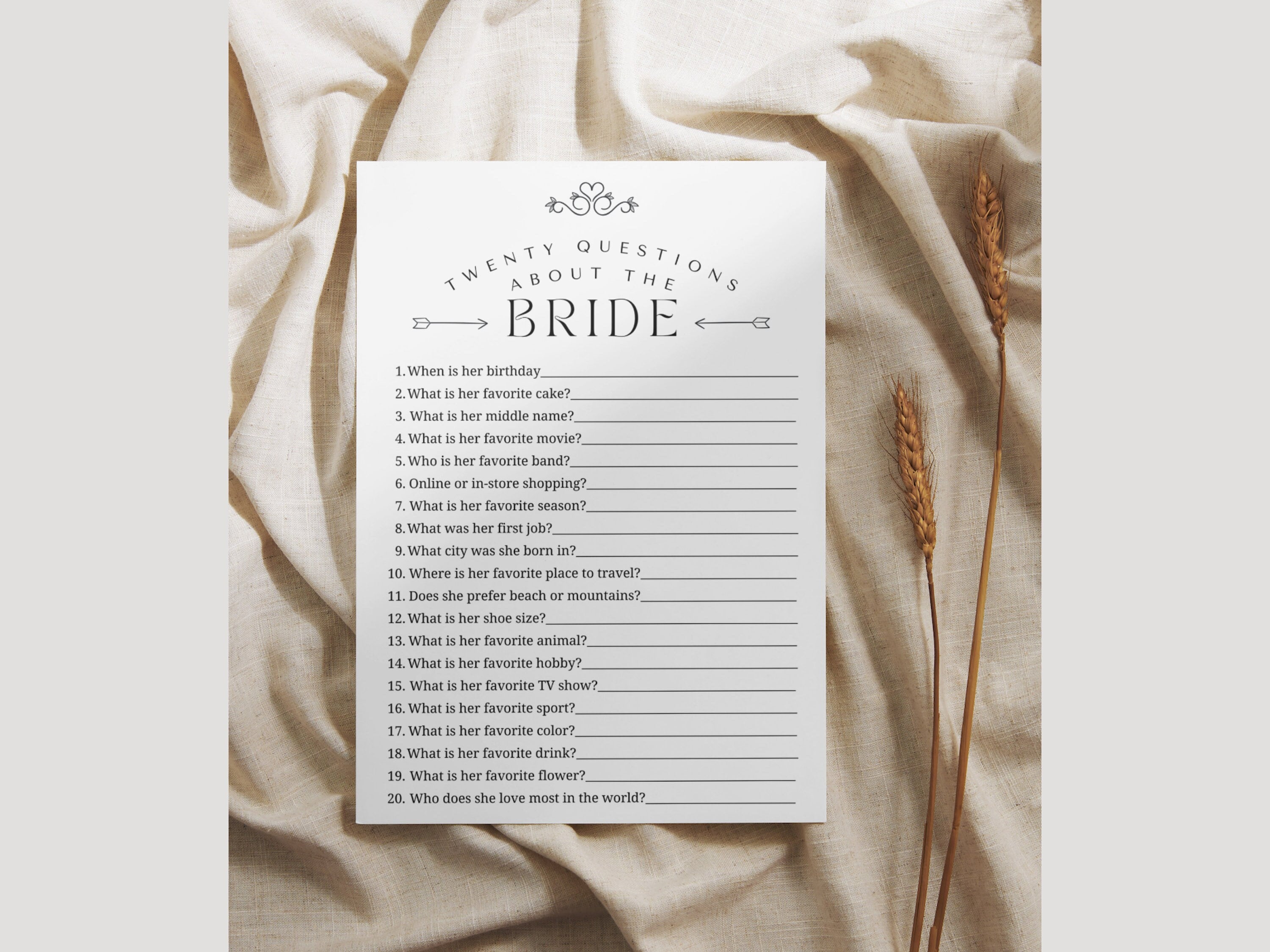 20 Questions About the Bride, Minimalist Bridal Trivia Game Card ...
