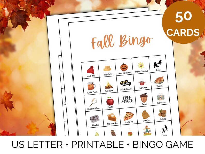 50 Fall Bingo Cards | Printable Bingo Cards | Printable Bingo Game ...