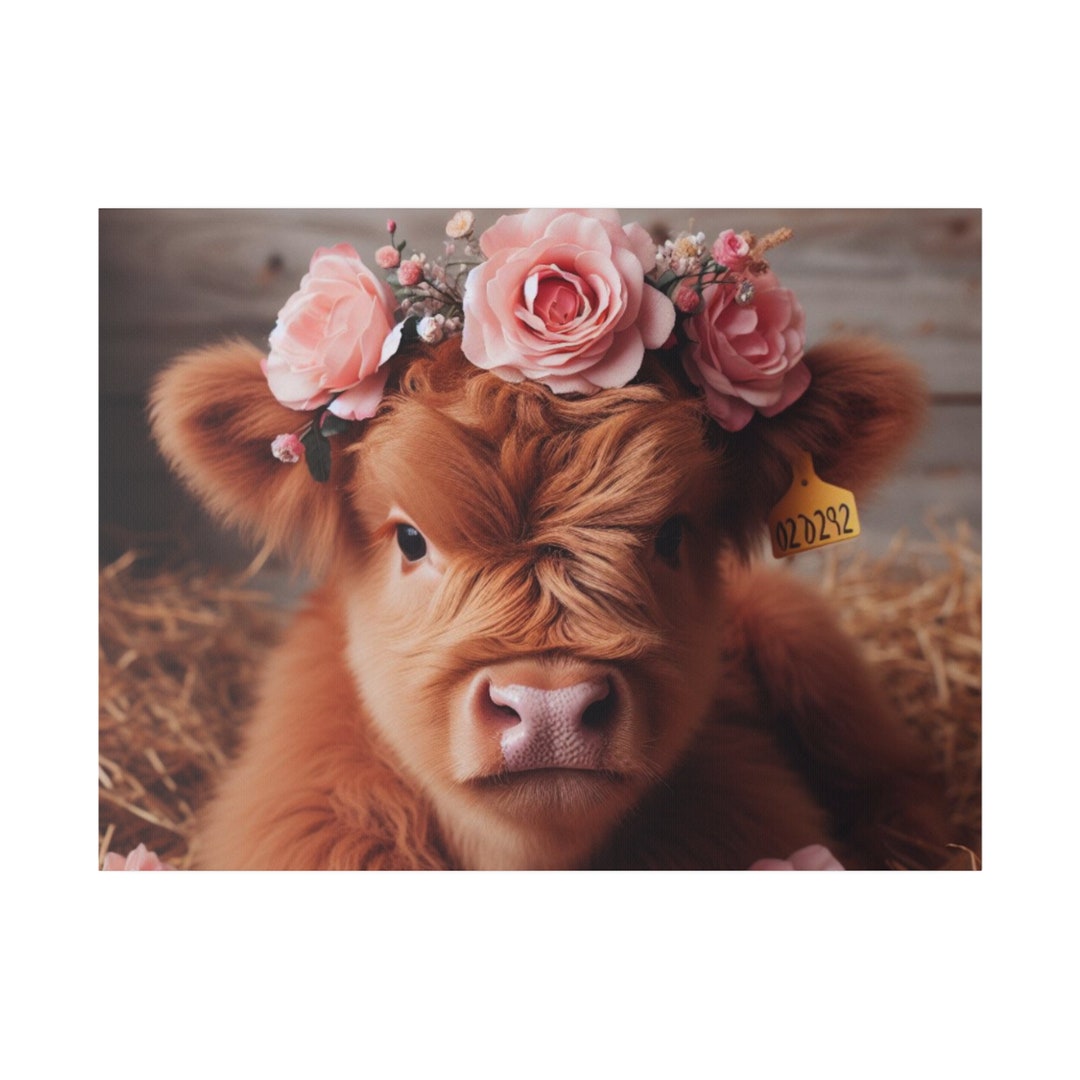 Birth Flower Baby Highland Cow Canvas, Highland Cow Nursery Wall Art ...