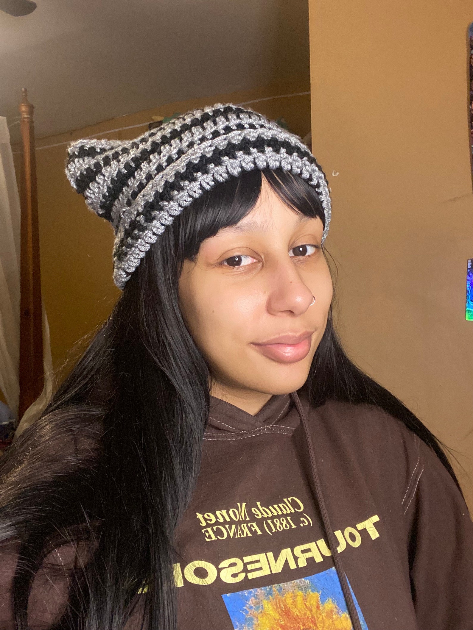 Black and Grey Striped Handmade Crocheted Cat Ear Beanie Hat - Etsy