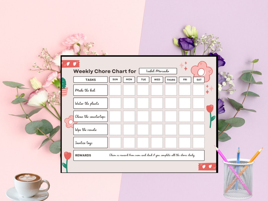 Whimsical Red and Green Hand-drawn Chores Chart With Illustrated ...