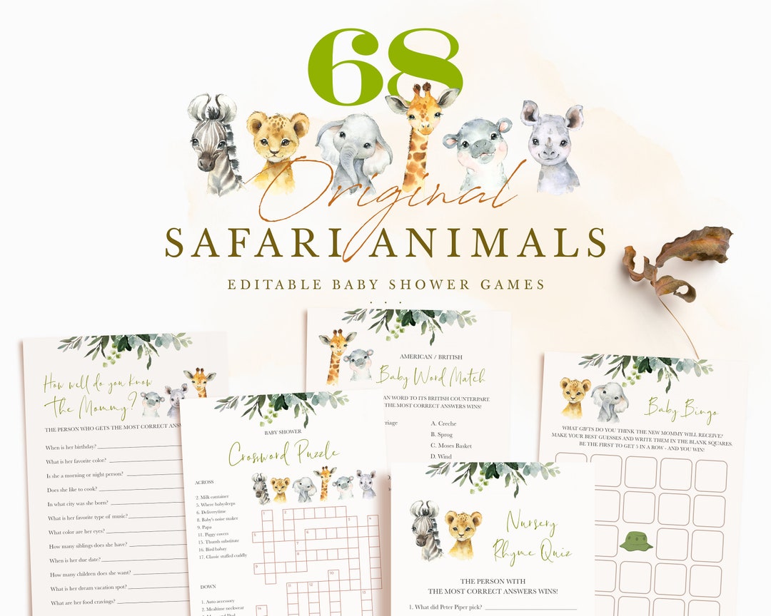 Safari Baby Shower Games, Jungle Animals Game Card, Safari Animals Game ...