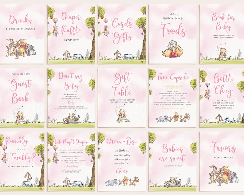 Winnie the Pooh Table Sign Set, Party Decorations for Girl, Pink ...