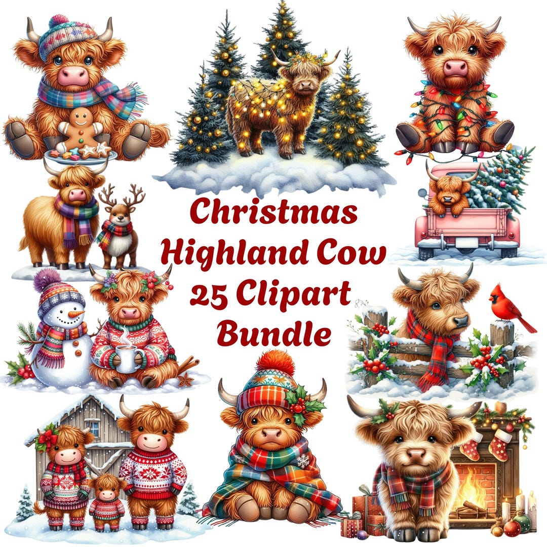 Highland Cow Clipart PNG: 25 Watercolor Christmas Sublimation Designs ...