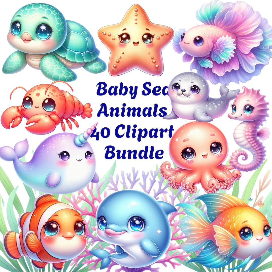 Baby Sea Animals Clipart Bundle: 40 Watercolor Pastel Ocean Animals PNG ...