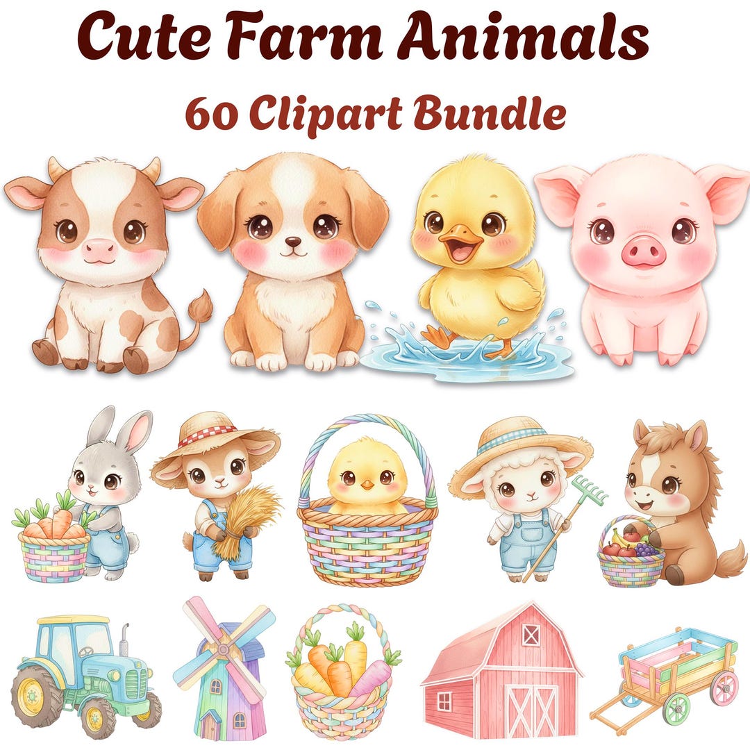 Watercolor Farm Animals Clipart Bundle: Pastel PNG Graphics (digital ...