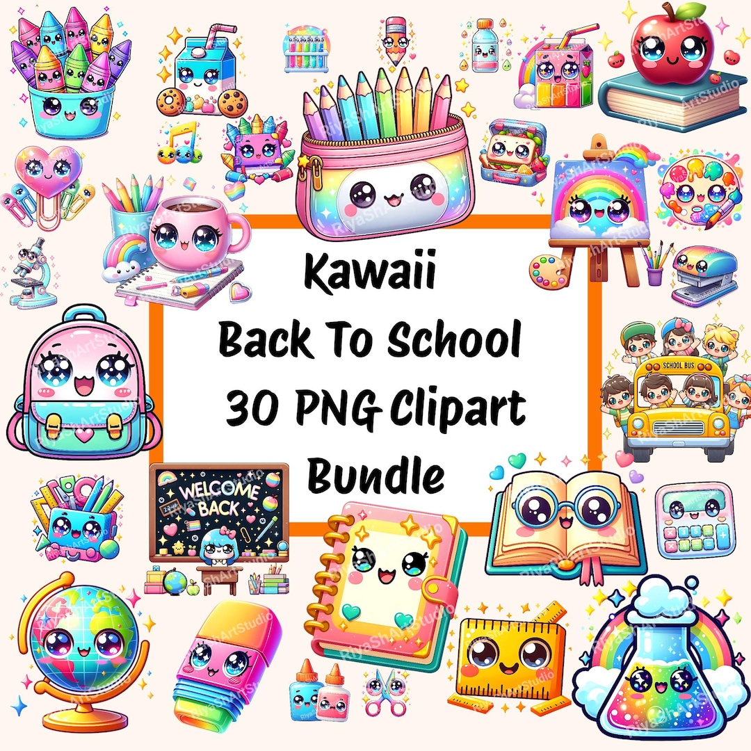 Kawaii Back to School Clipart: 30 PNG School Elements (digital Download ...