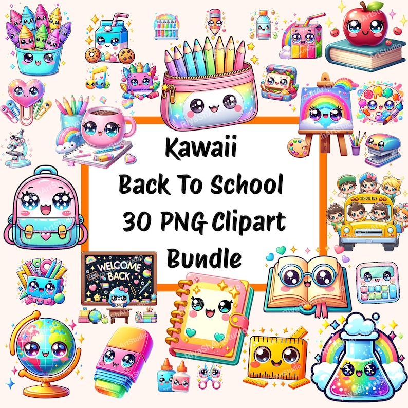 Kawaii Back to School Clipart: 30 PNG School Elements (digital Download ...
