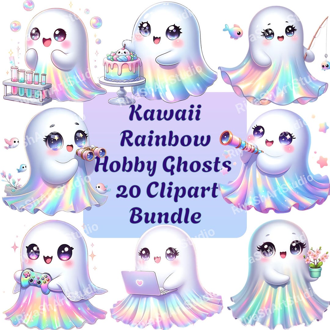 Kawaii Rainbow Ghost Clipart Bundle: Pastel Iridescent Pngs (digital ...
