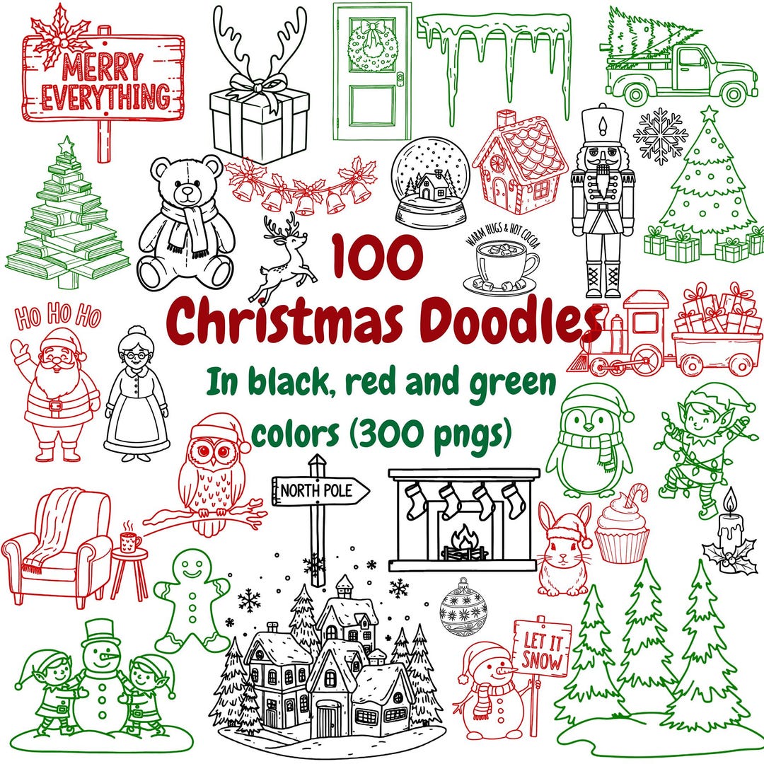 Christmas Doodle Clipart Bundle: 100 Line Art Designs in 3 Colors ...