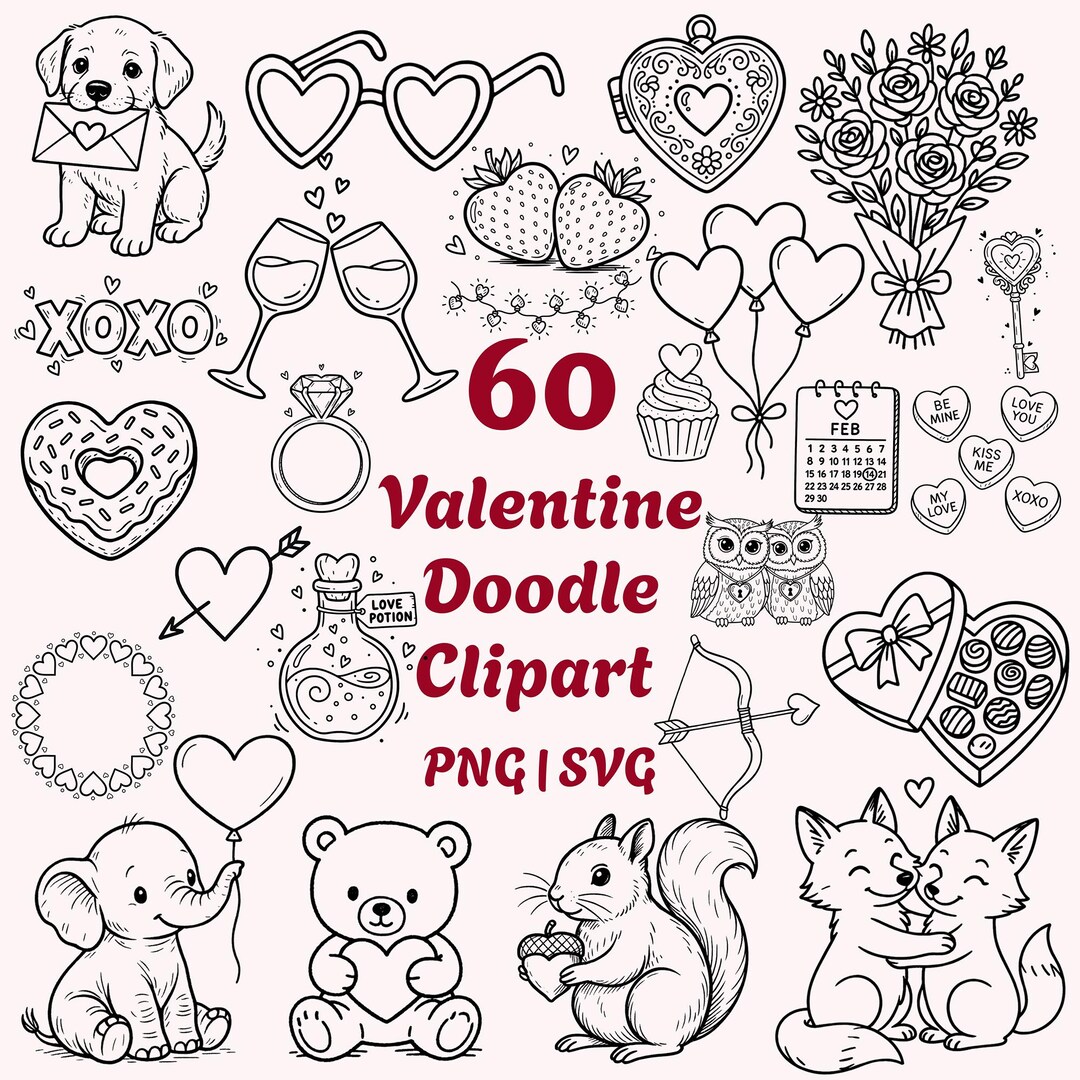 Valentine Doodles PNG SVG: 60 Line Art Clipart (digital Download) - Etsy