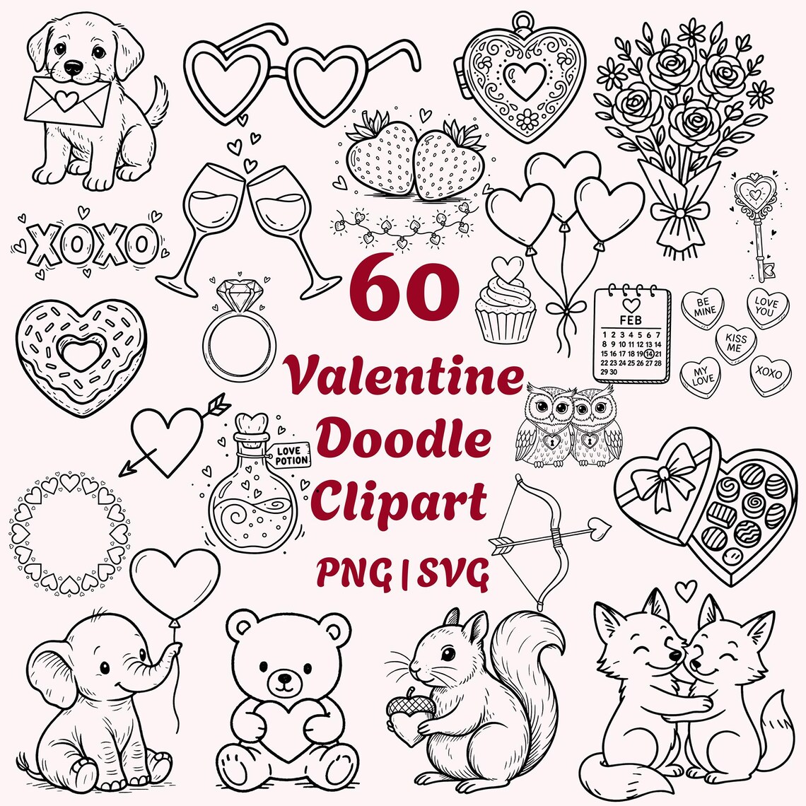 Valentine Doodles PNG SVG: 60 Line Art Clipart (digital Download) - Etsy