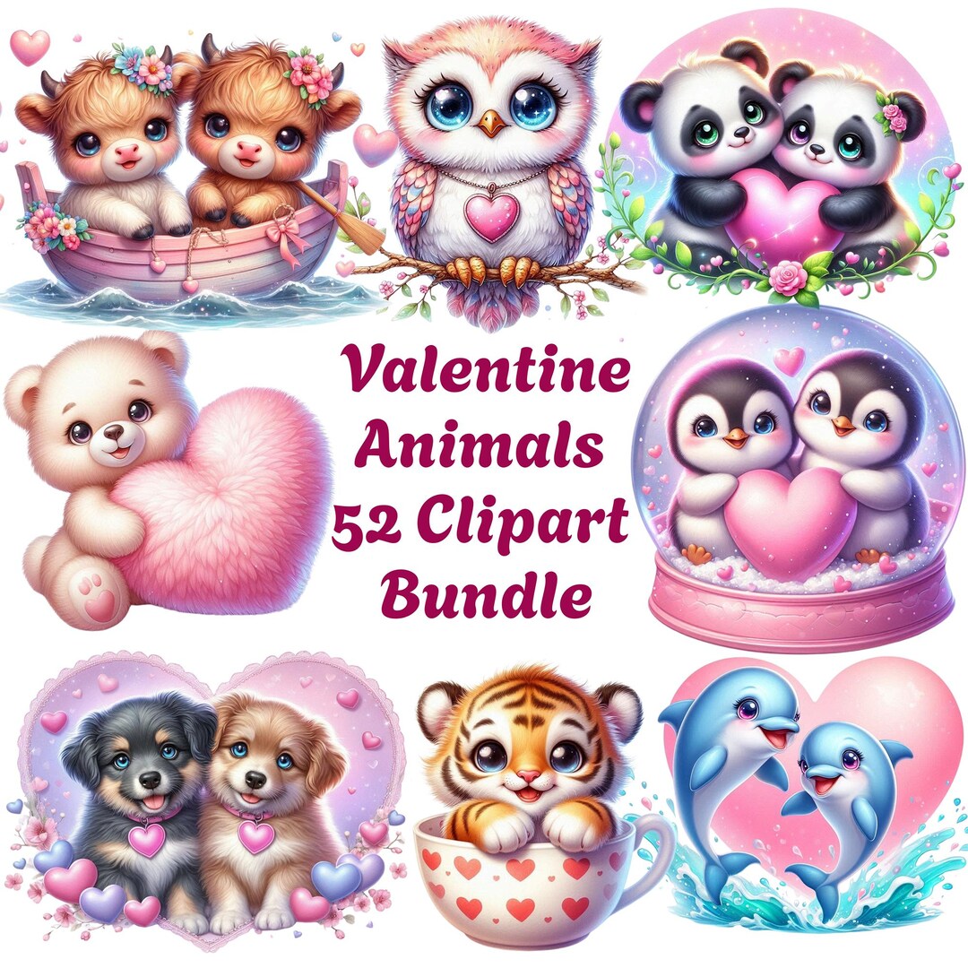 Valentine Animals Clipart Bundle: 52 Adorable Pastel Pngs (digital ...