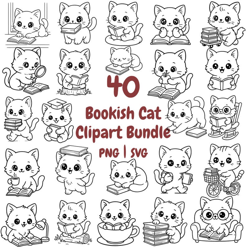 Bookish Cat Clipart: 40 Kawaii Reading Cats, PNG SVG (digital Download ...