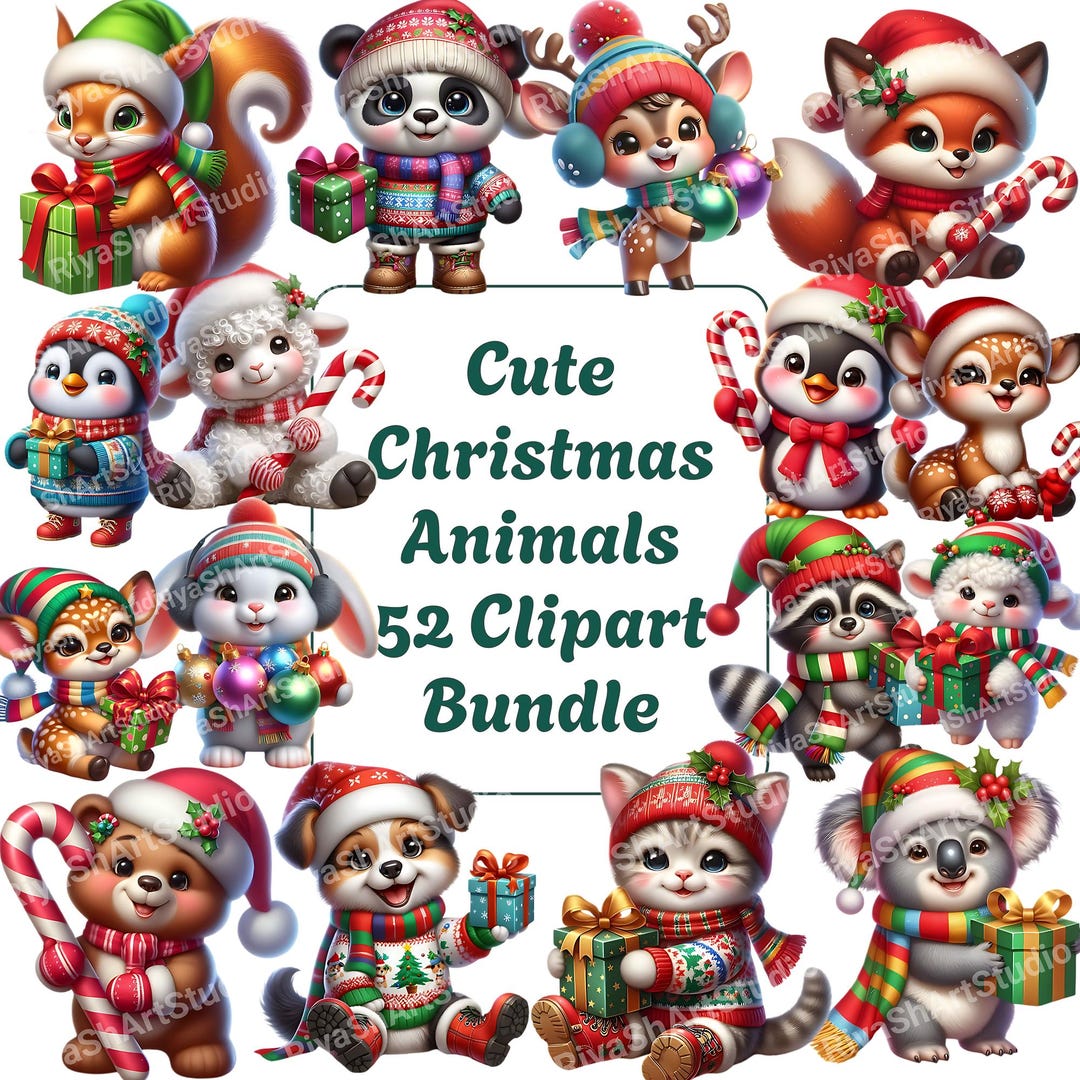 Christmas Animals Clipart Bundle: 52 Holiday Pngs (digital Download) - Etsy