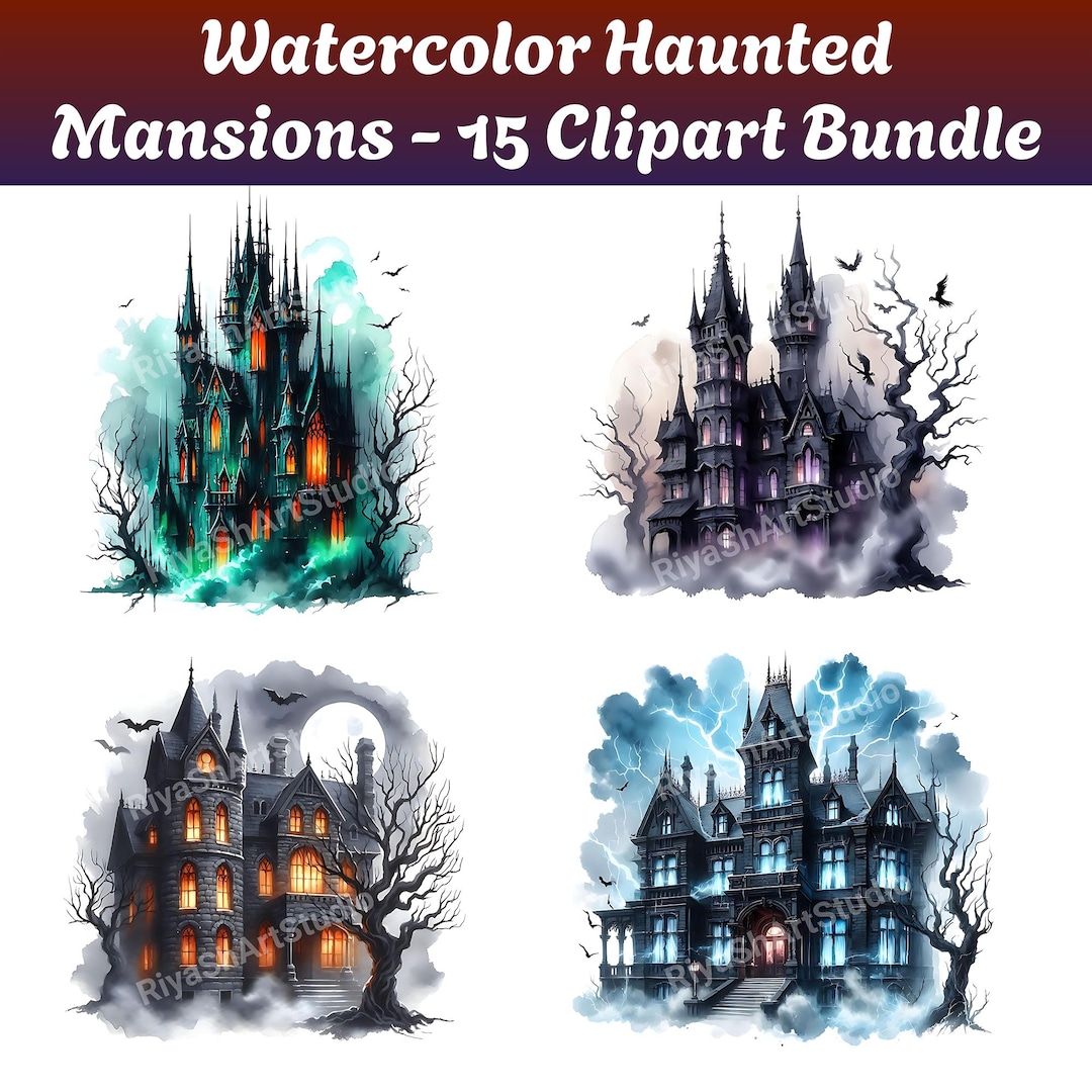 Watercolor Haunted Mansions Clipart Bundle: 15 Spooky Halloween JPEG ...