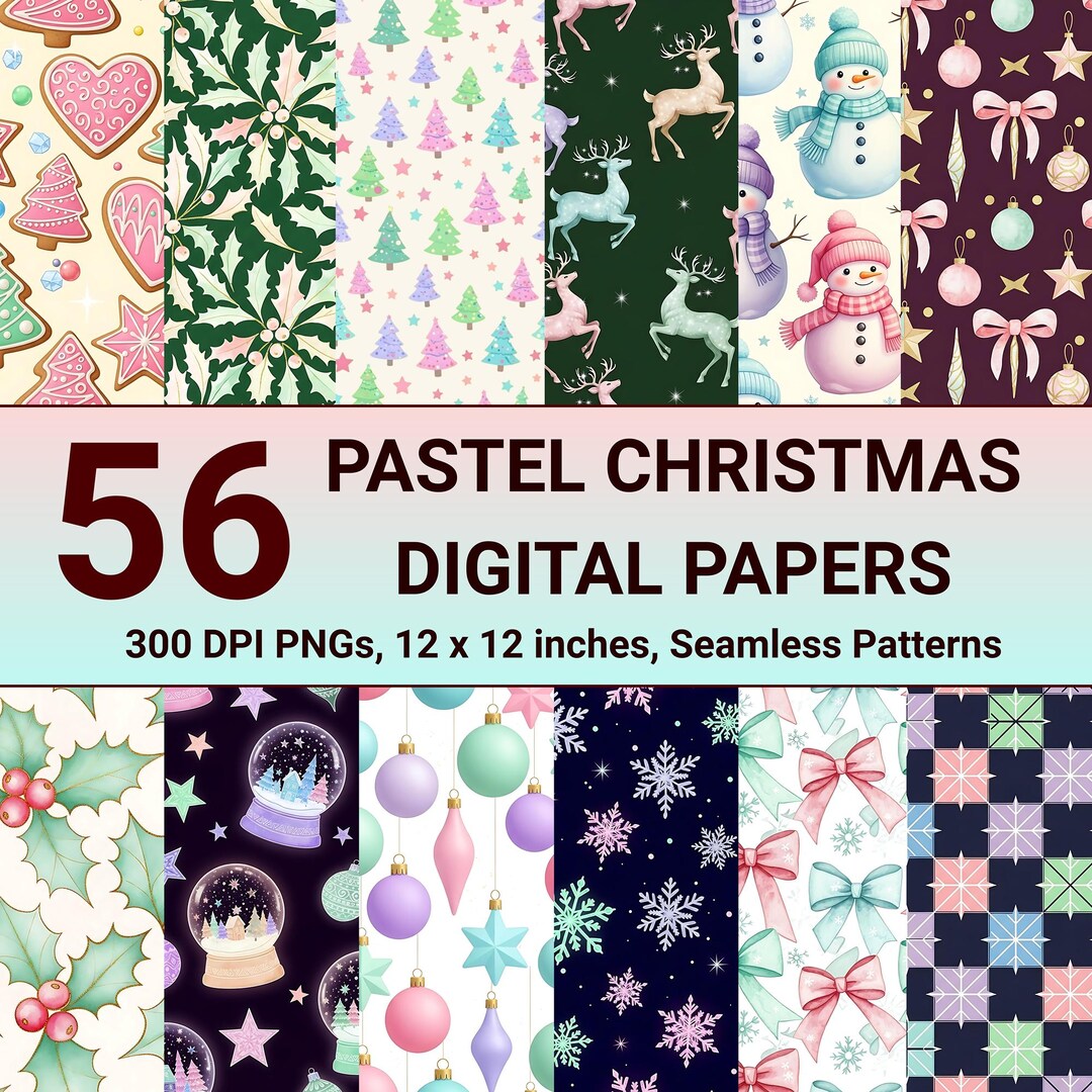 Pastel Christmas Digital Paper Bundle: 56 Seamless Holiday Pattern Pngs ...