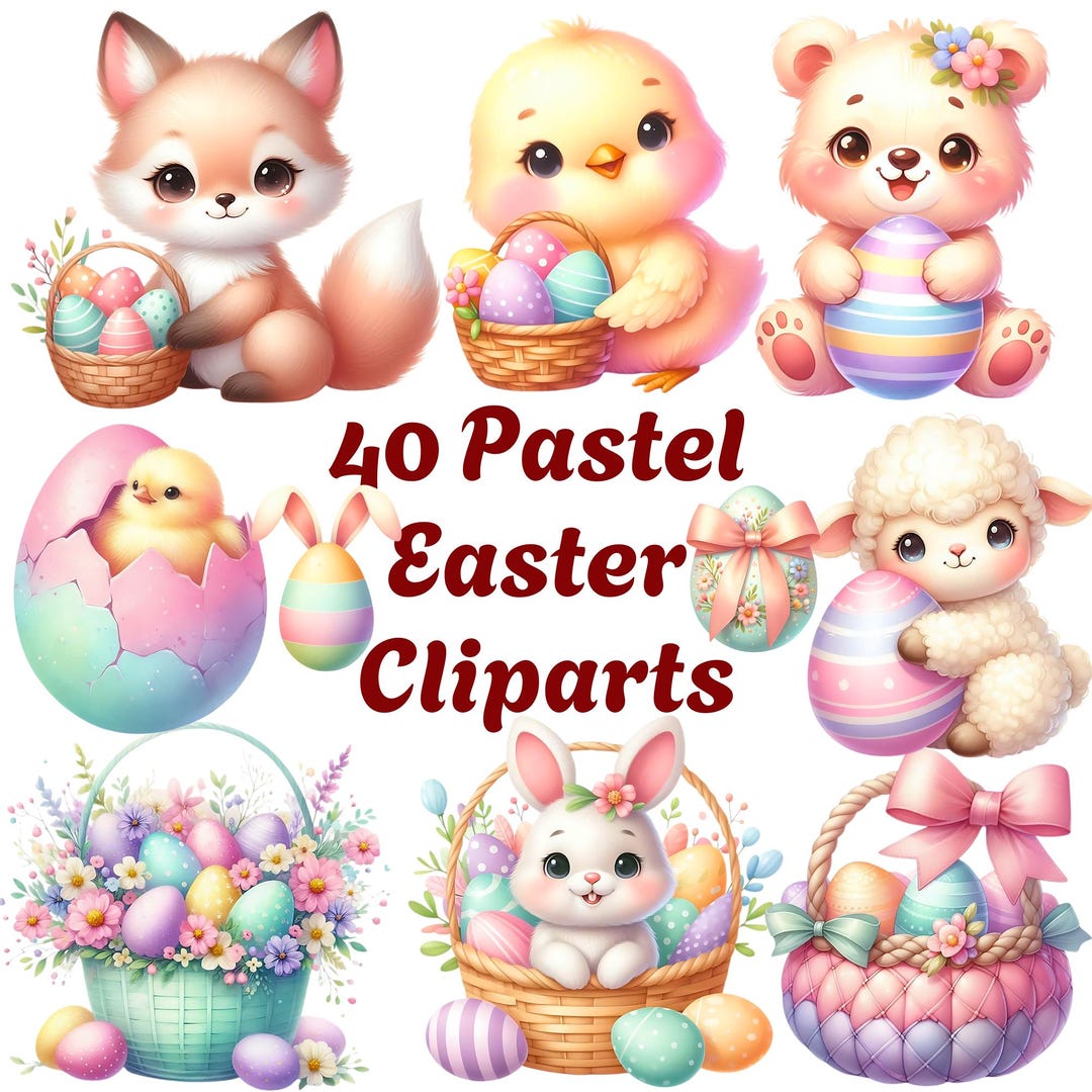 Pastel Easter Clipart Bundle: Watercolor Bunny, Chicks, Eggs (digital ...