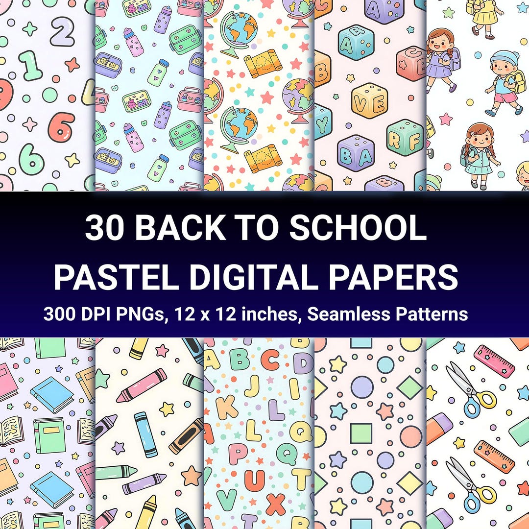 Pastel School Supplies Digital Paper: Kawaii Seamless Patterns (digital ...