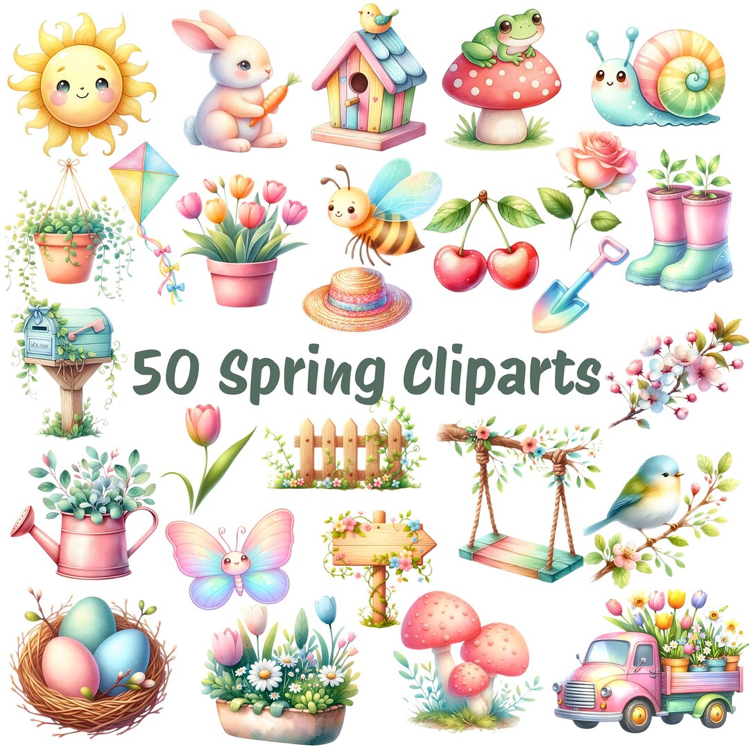 Pastel Spring Clipart Bundle: 50 Watercolor Pngs (digital Download) - Etsy