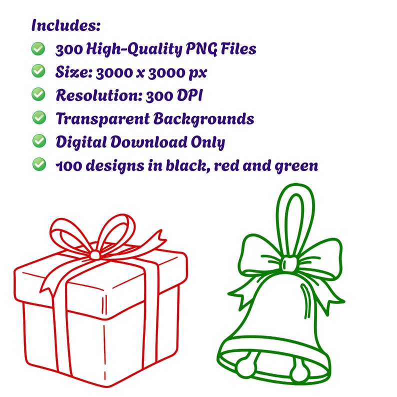 Christmas Doodle Clipart Bundle: 100 Line Art Designs in 3 Colors ...
