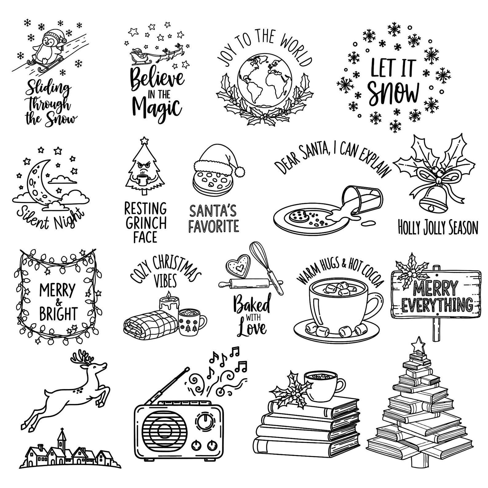 Christmas Doodle Clipart Bundle: 100 Line Art Designs in 3 Colors ...