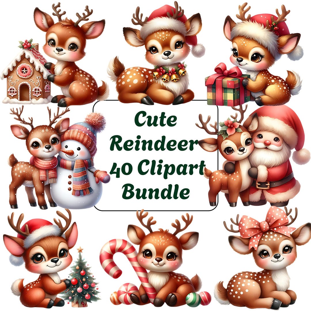 Watercolor Christmas Reindeer Clipart: 40 Festive Pngs (digital ...