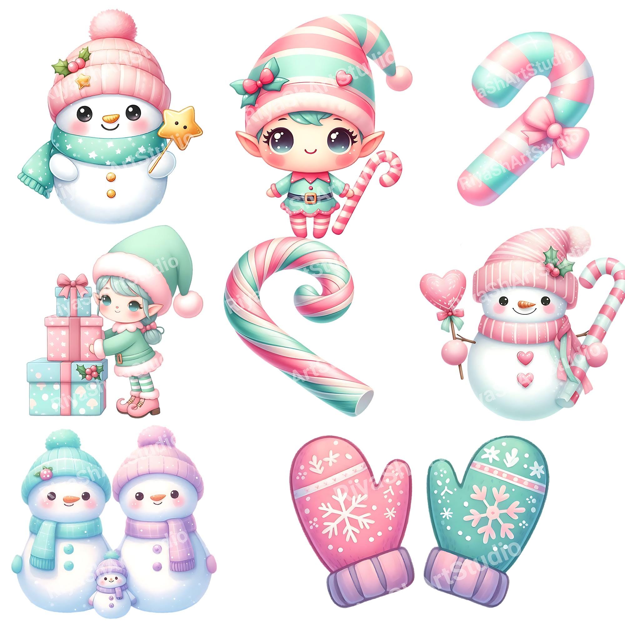 Kawaii Pastel Christmas Clipart Bundle - 60+ Holiday Pngs (digital ...