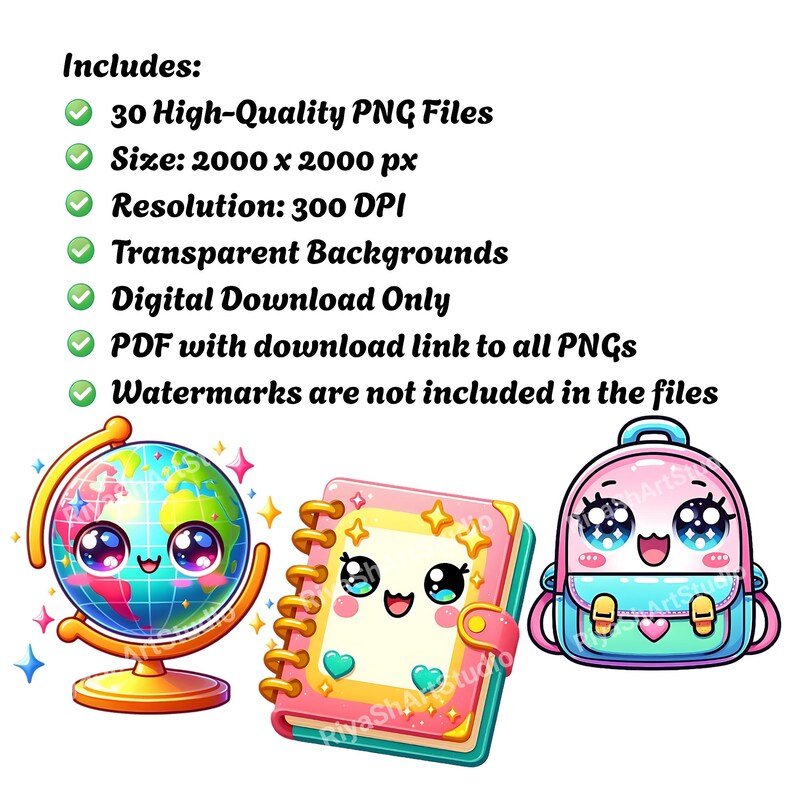 Kawaii Back to School Clipart: 30 PNG School Elements (digital Download ...