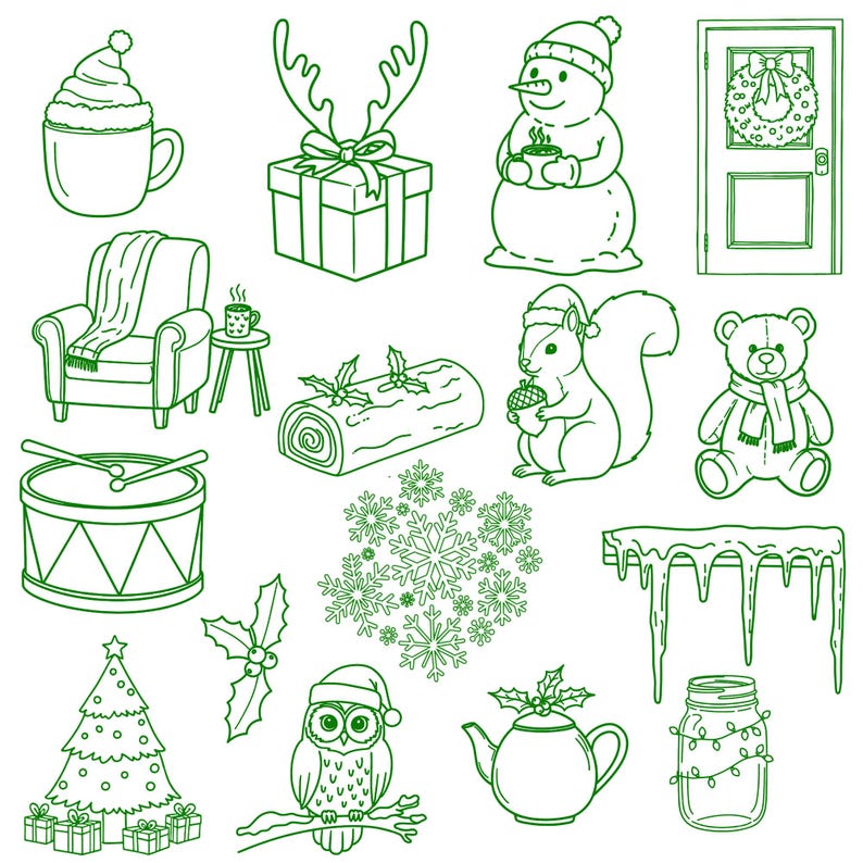 Christmas Doodle Clipart Bundle: 100 Line Art Designs in 3 Colors ...