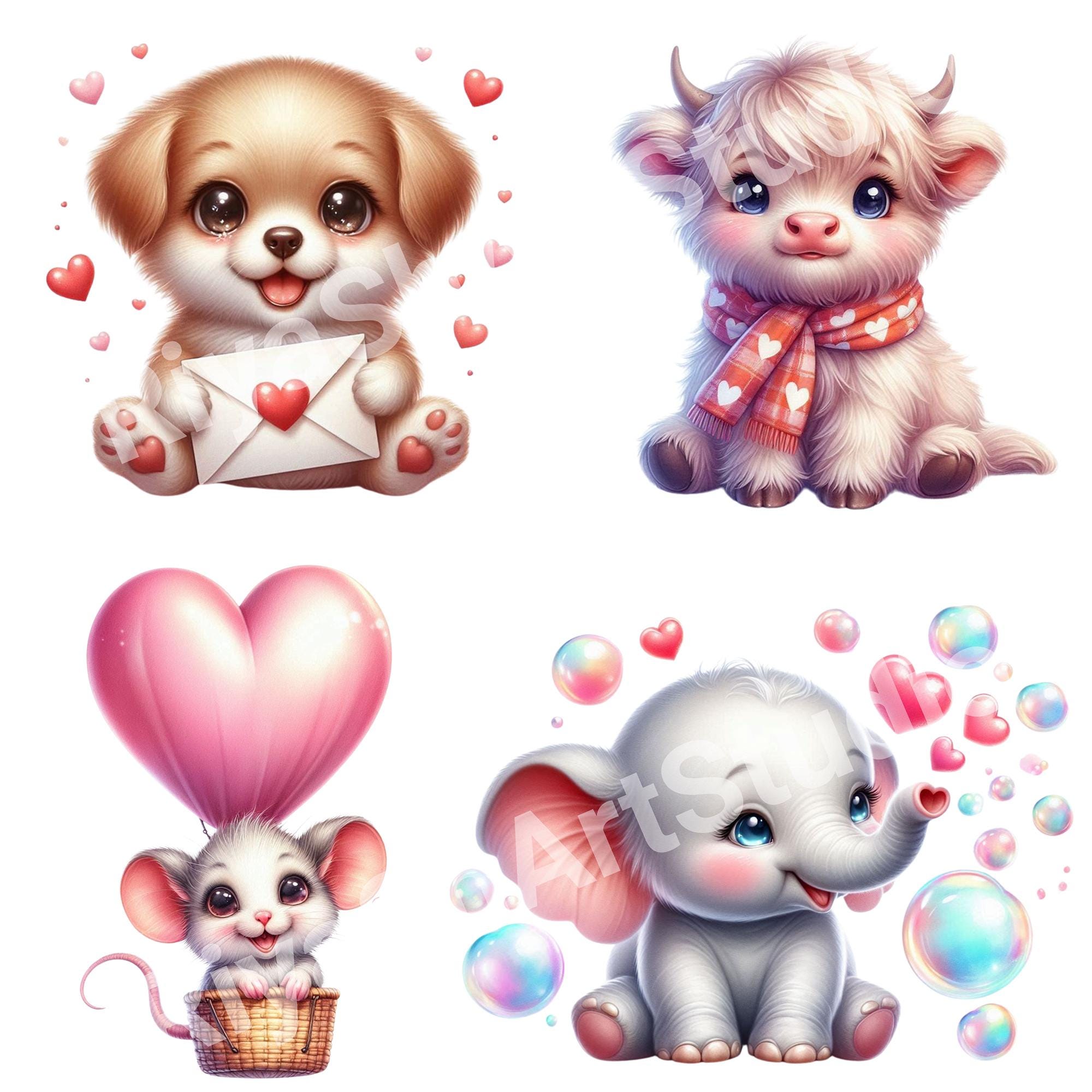 Valentine Animals Clipart Bundle: 52 Adorable Pastel Pngs (digital ...